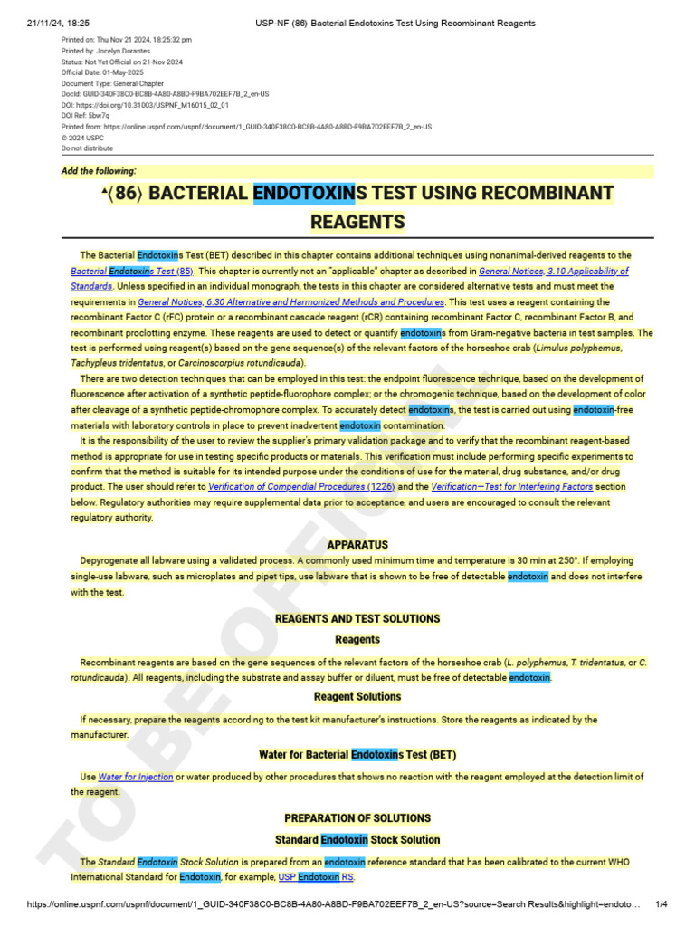 USP-NF 86 Bacterial Endotoxins Test Using Recombinant Reagents | PDF ...