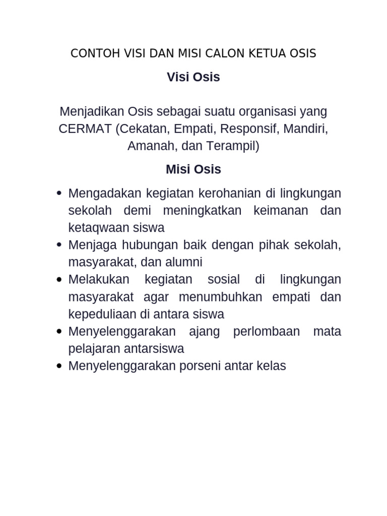 Contoh Visi Dan Misi Calon Ketua Osis | PDF
