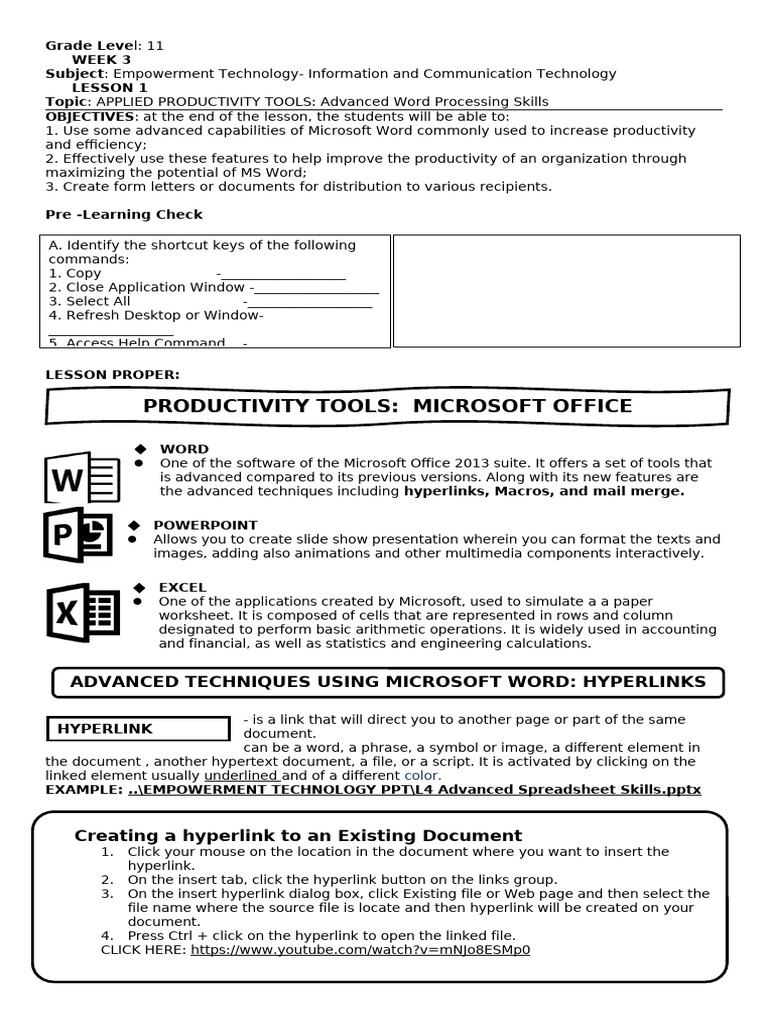 Lesson 1 Week 3 e Tech | PDF | Hyperlink | Microsoft Word