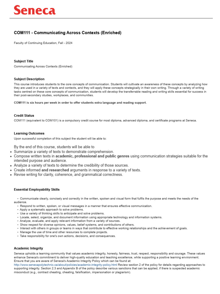 COM111 Fall - 2024, Seneca Subject Outline Print - English | PDF | Academic Integrity ...