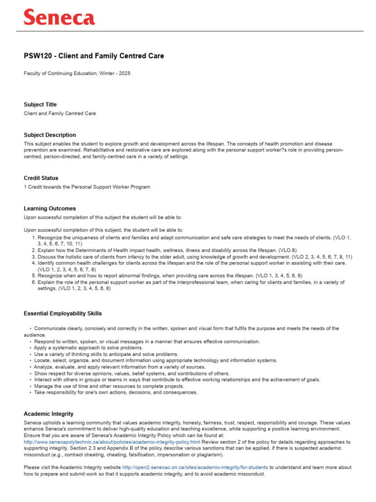 PSW120 Winter - 2025, Seneca Subject Outline Print - Health Sciences ...