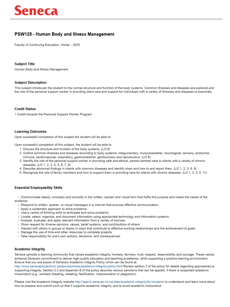 PSW125 Winter - 2025, Seneca Subject Outline Print - Health Sciences ...