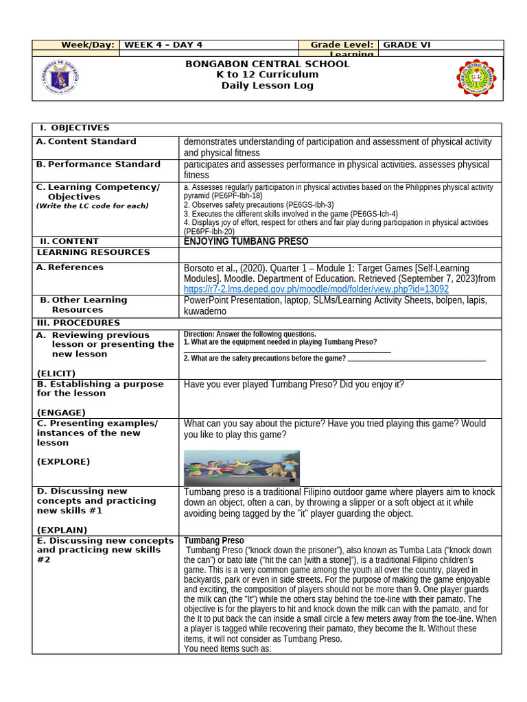 DLL Mapeh Q1 W4 D4 | PDF | Behavior Modification | Learning