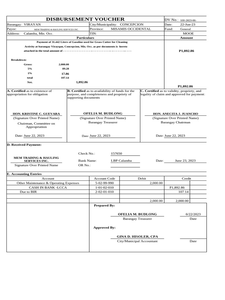 Disbursement Voucher: Particulars Amount | PDF | Payments | Banks