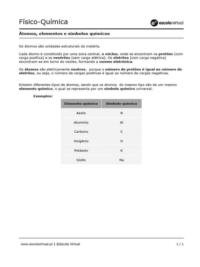 Átomos, Elementos e Símbolos Químicos FQ | PDF