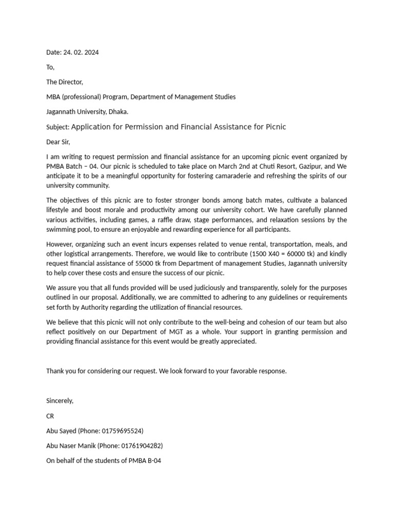 Picnic Application To Director | PDF