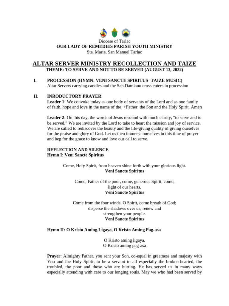 Altar Server Ministry Taize Prayer Guide | PDF | Prayer | Jesus