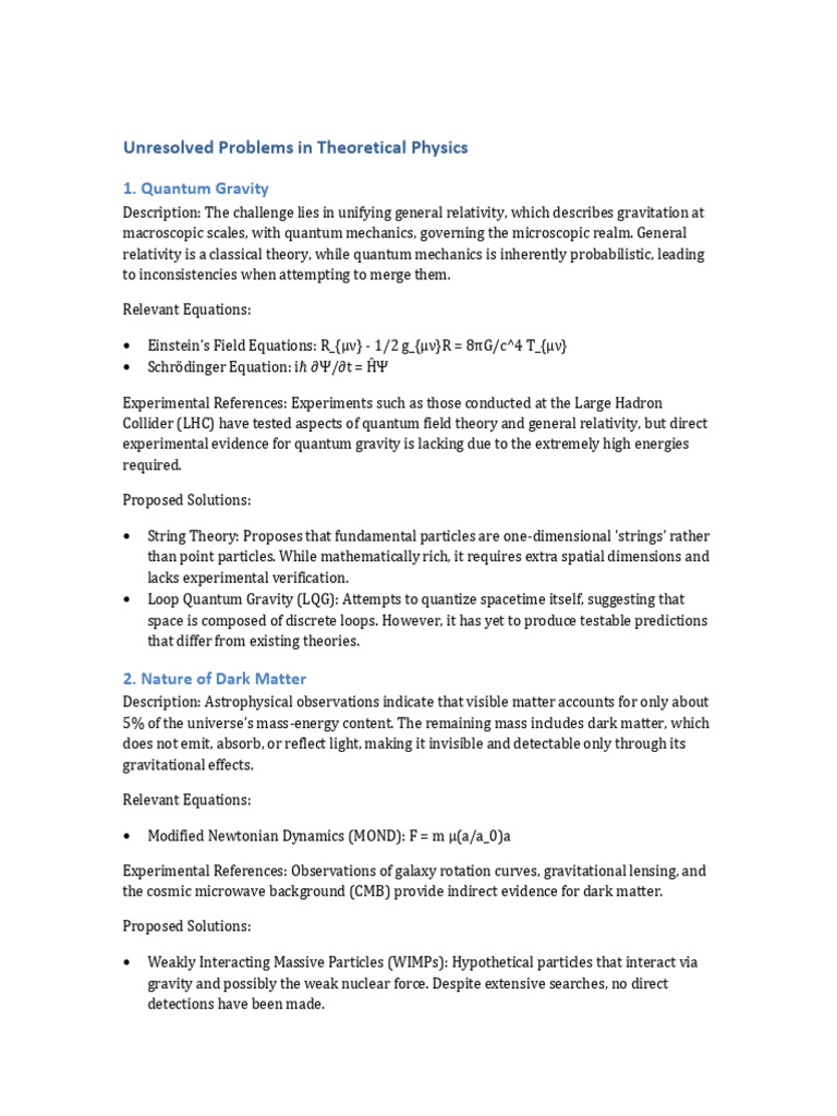 Unresolved Problems in Theoretical Physics | PDF | Higgs Boson ...