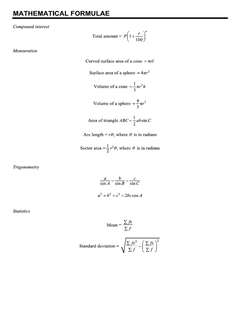 Maths Formula Sheet | PDF