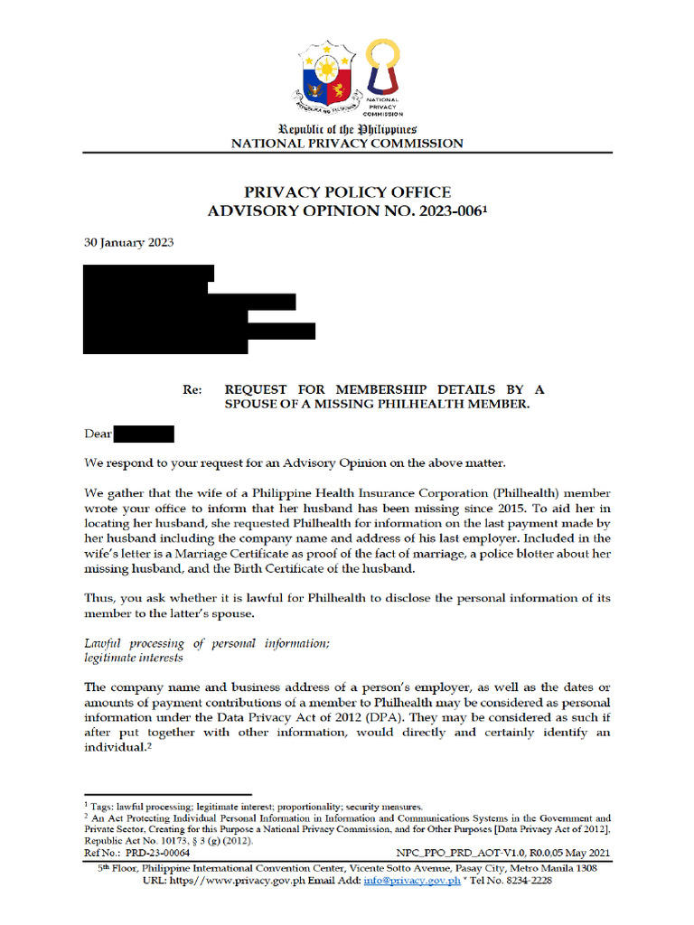 Advisory Opinion No. 2023 006 | PDF | Privacy | Information
