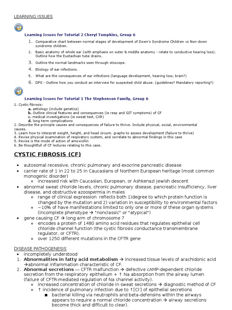 C Ystic Fibrosis (CF) : Learning Issues For Tutorial 2 Cheryl Tompkins ...