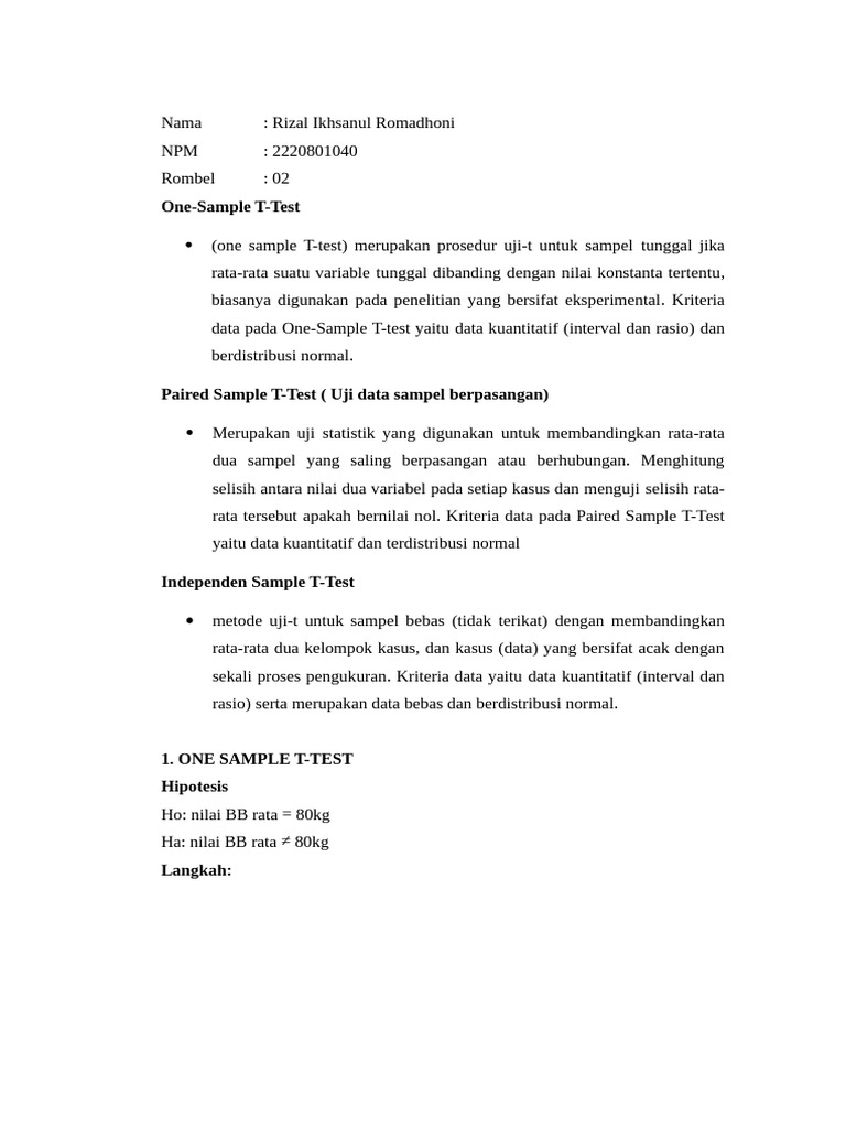 Uji T: One-Sample, Paired, dan Independen | PDF