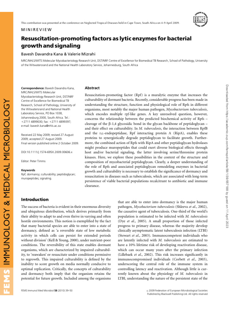 Resuscitation-Promoting Factors As Lytic Enzymes For Bacterial | PDF | Mycobacterium ...