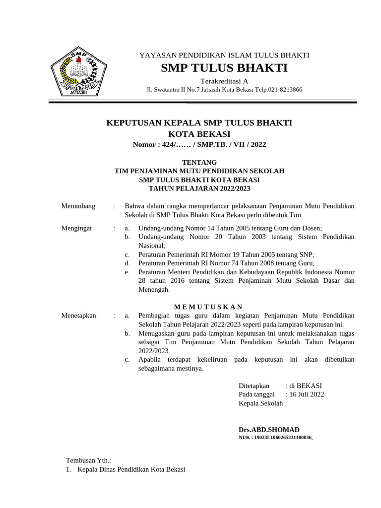 SK Tim Penjamin Mutu 2022 | PDF