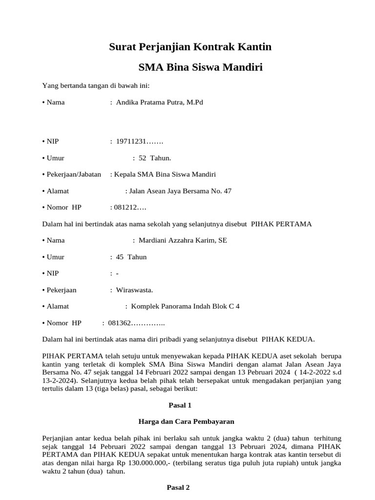 Surat Perjanjian Kontrak Kantin | PDF