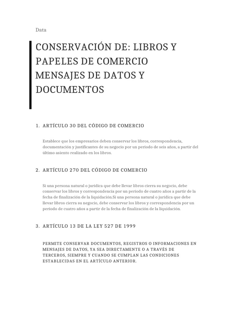 Conservación De: Libros Y Papeles de Comercio Mensajes de Datos Y Documentos | PDF | Derecho