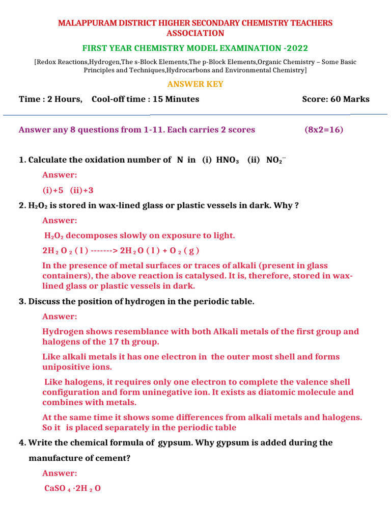 Kerala Plus One Chemistry Model Question Paper Answer Key (Malappuram ...