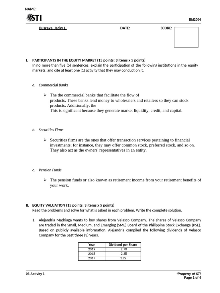 06 Activity 1 | PDF | Stocks | Dividend