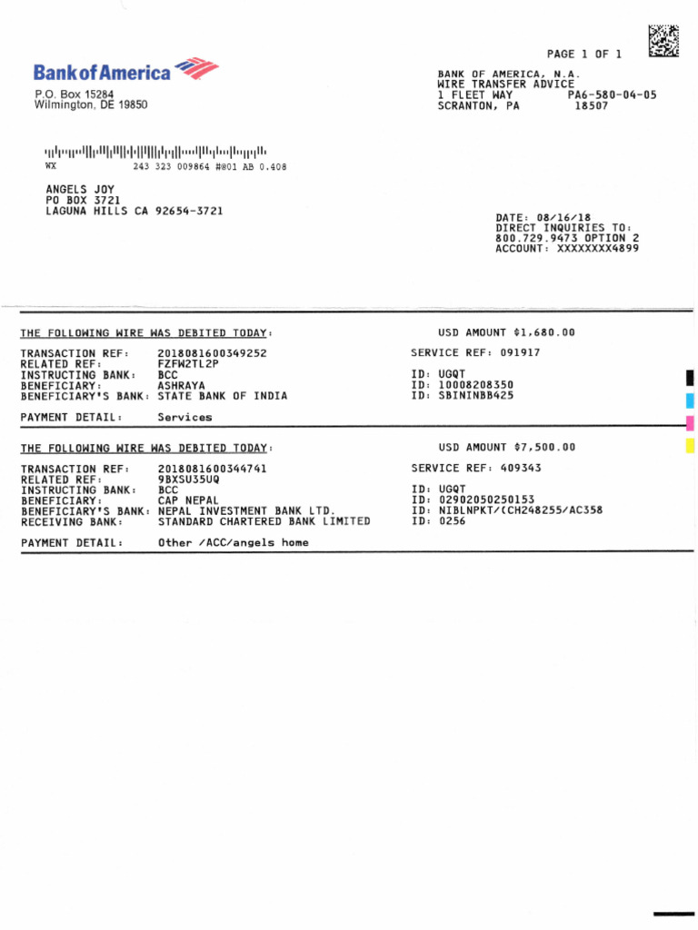 Bank of America Wire Advice | PDF | Personal Finance | Banking