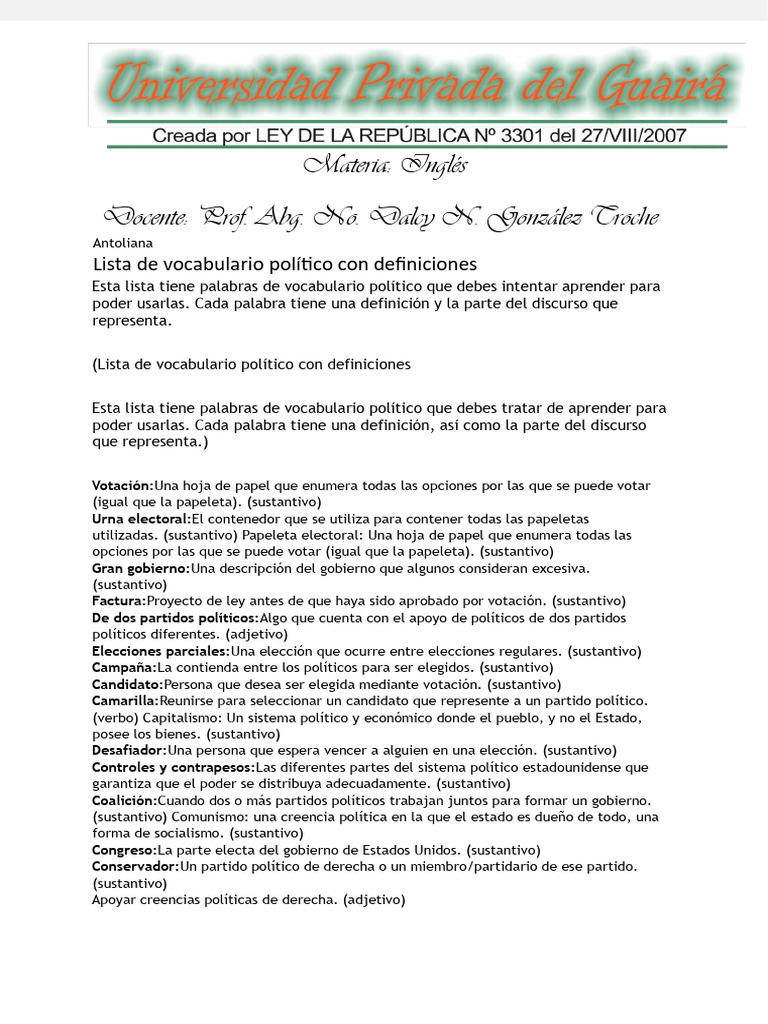 Politics - Vocabulary - List - With - Definitions Antoliana | PDF ...