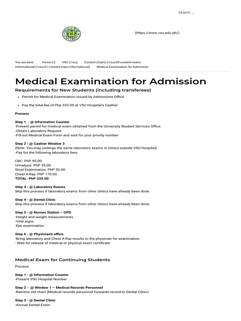 VSU Medical Exam Admission Process | PDF | Physical Examination ...