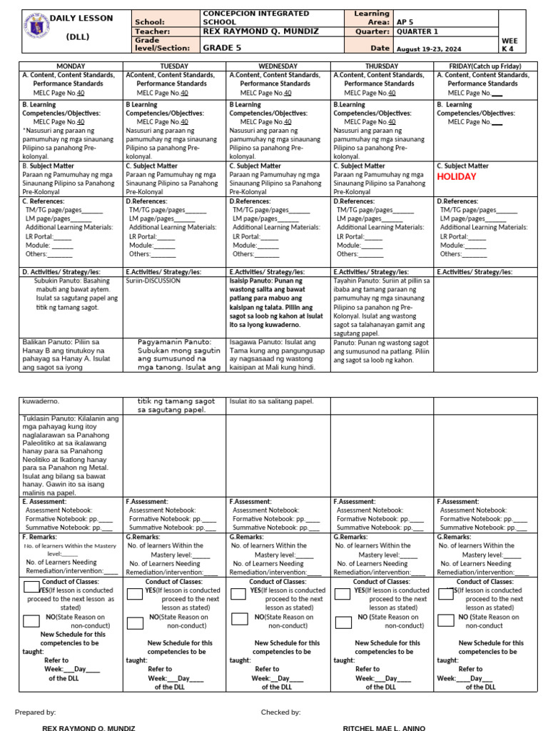 Holiday: Daily Lesson LOG (DLL) Rex Raymond Q. Mundiz Grade 5 | PDF | Behavior Modification ...