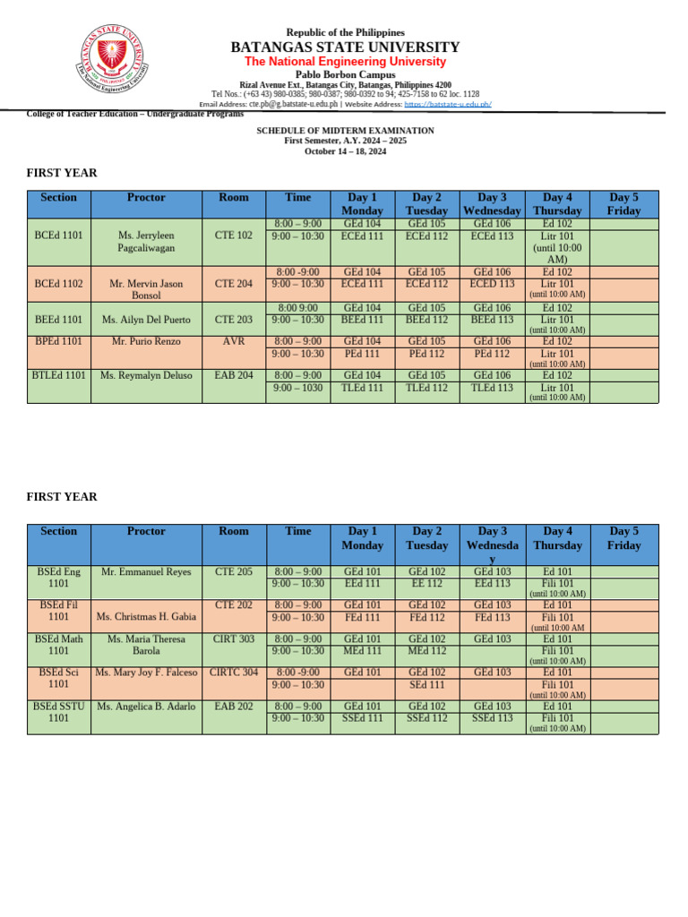 Schedule of Midterm Examination | PDF