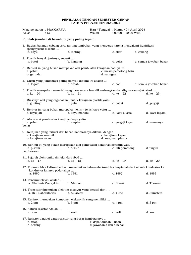 Soal Prakarya & Mulok Genap 2024 | PDF | Kajian Bahasa Asing | Griya & Taman