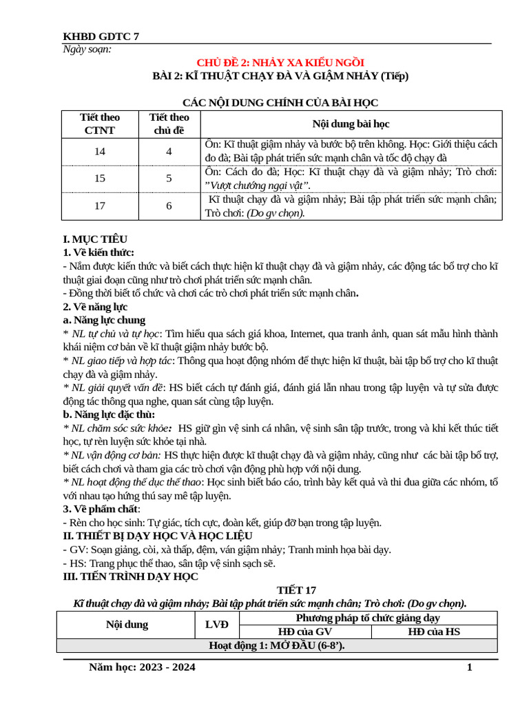2023-2024. GDTC 7- Tiết 17 (Tuần 9) | PDF