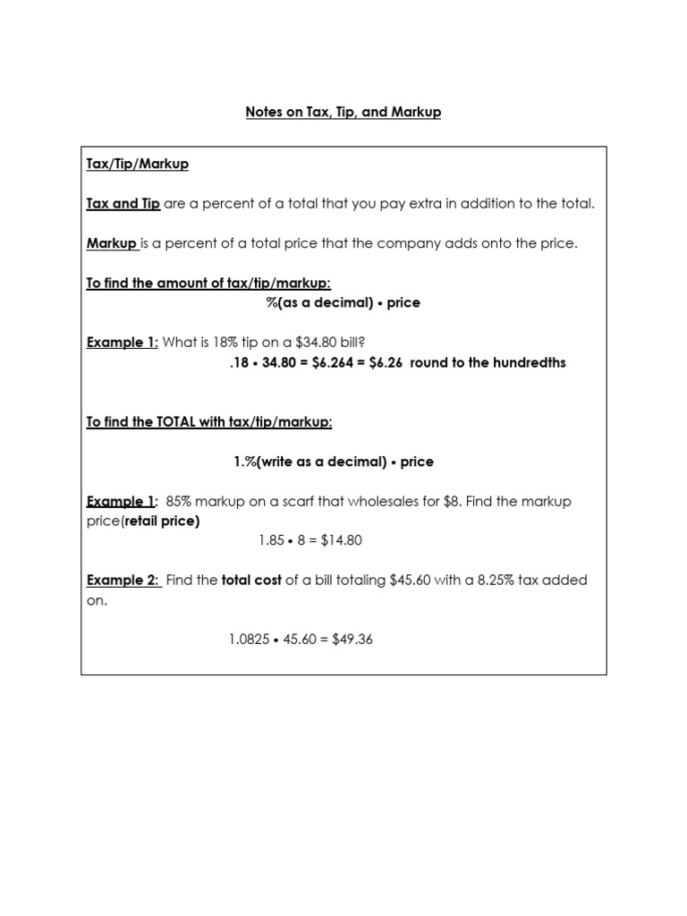 Tax, Tip, Markup Notes OB Key | PDF | Taxes | Business Economics