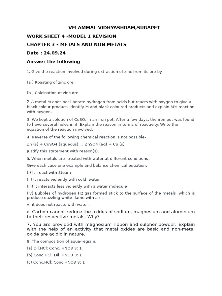 Metals and Non-Metals Revision Worksheet | PDF