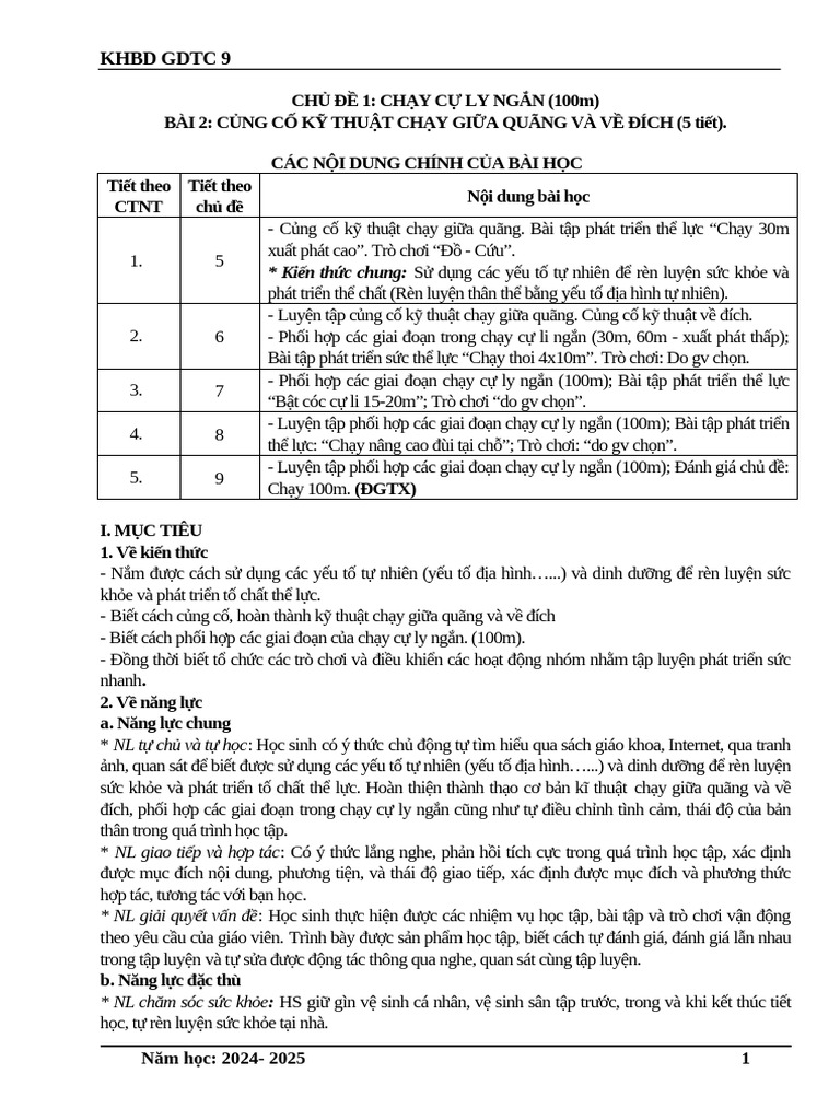 2024 - 2025. GDTC 9 Tiết 5,6,7,8,9 CĐ Chạy Ngắn | PDF