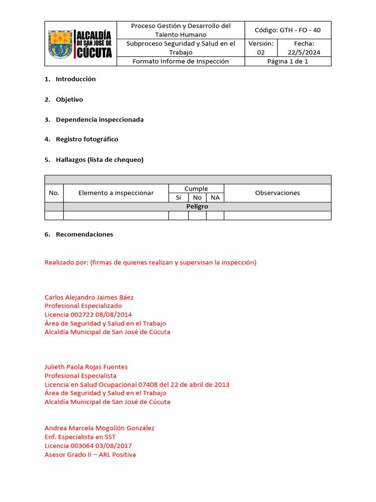 GTH-FO-40 Formato Informe de Inspeccion | PDF