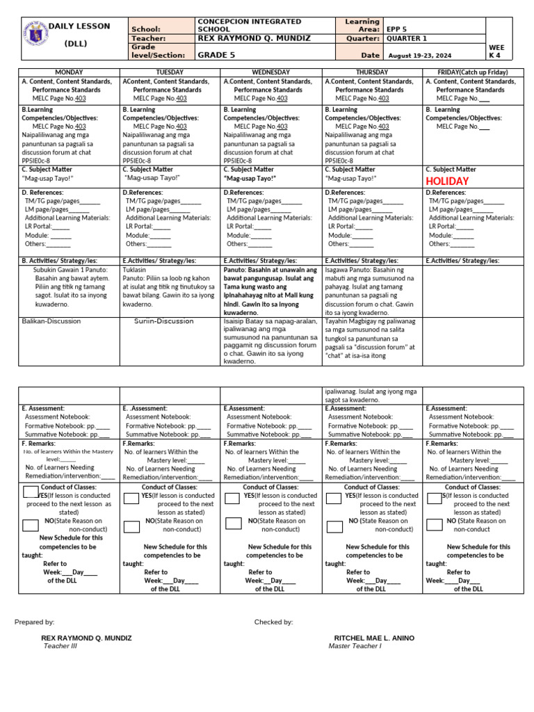 Grade 5 EPP Daily Lesson Log | PDF | Education Theory | Educational ...
