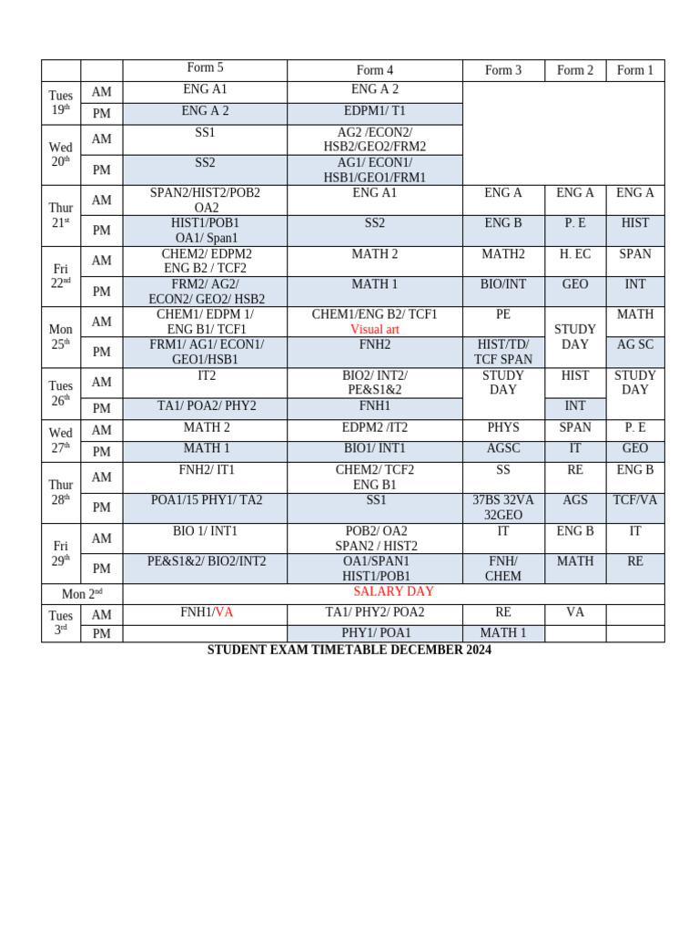 #2 Student Exam Timetable Dec 2024 | PDF