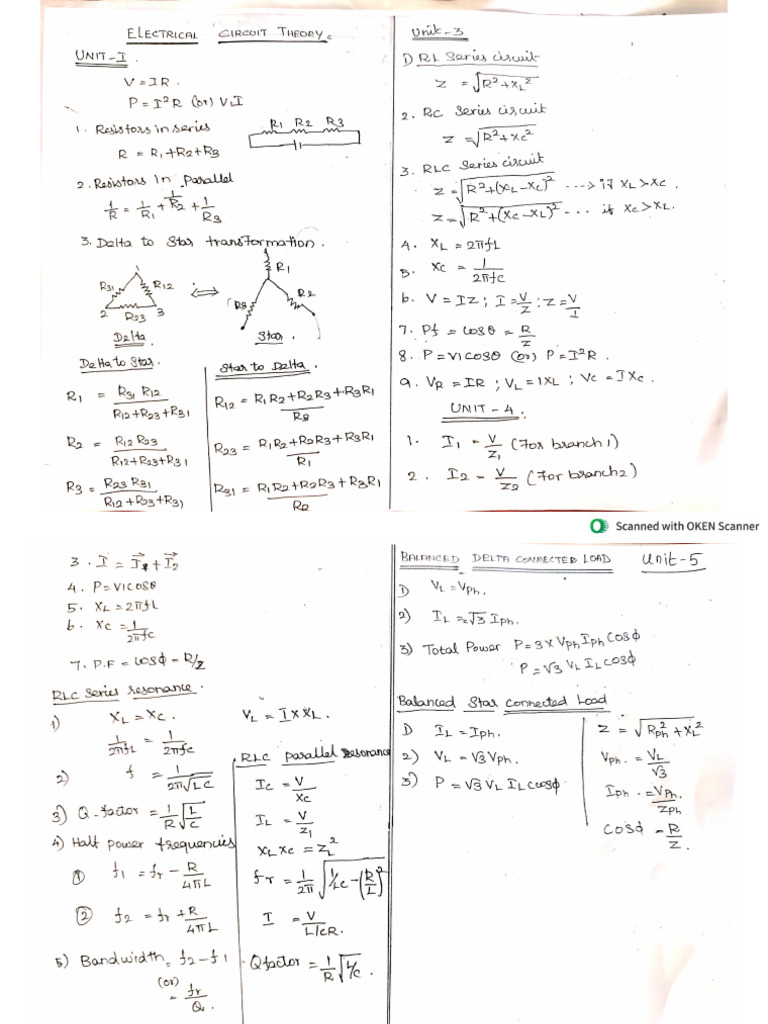 Electrical Circuit Theory Formulas | PDF