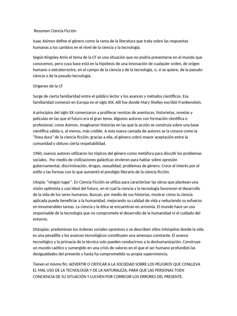Resumen Ciencia Ficción 3B | PDF | Ciencia ficción | Fantasía