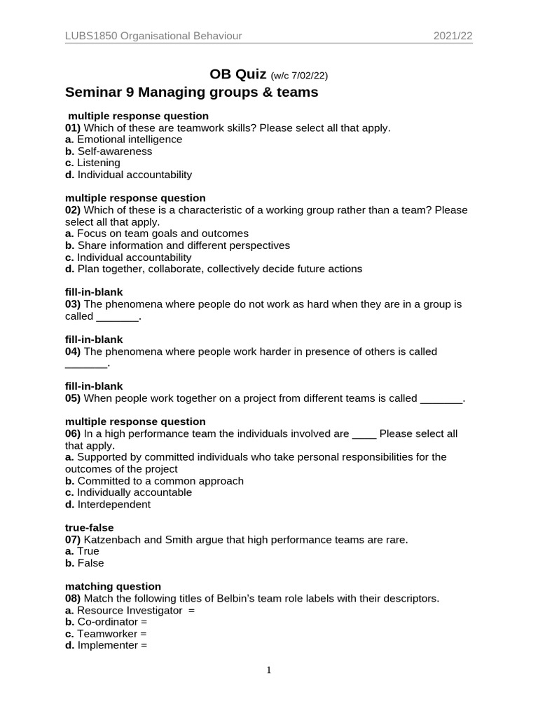 Organizational Behavior Quiz | PDF | Decision Making | Consensus ...