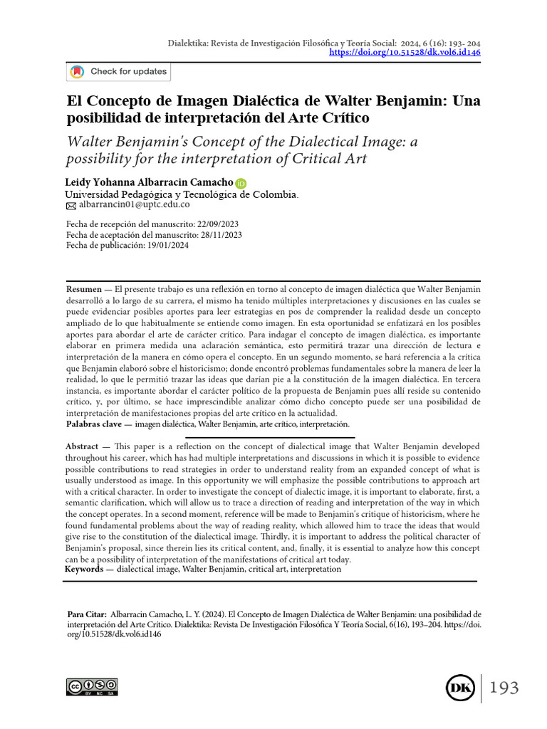 El Concepto de Imagen Dialéctica de Walter Benjamin | PDF | Dialéctico | Realidad
