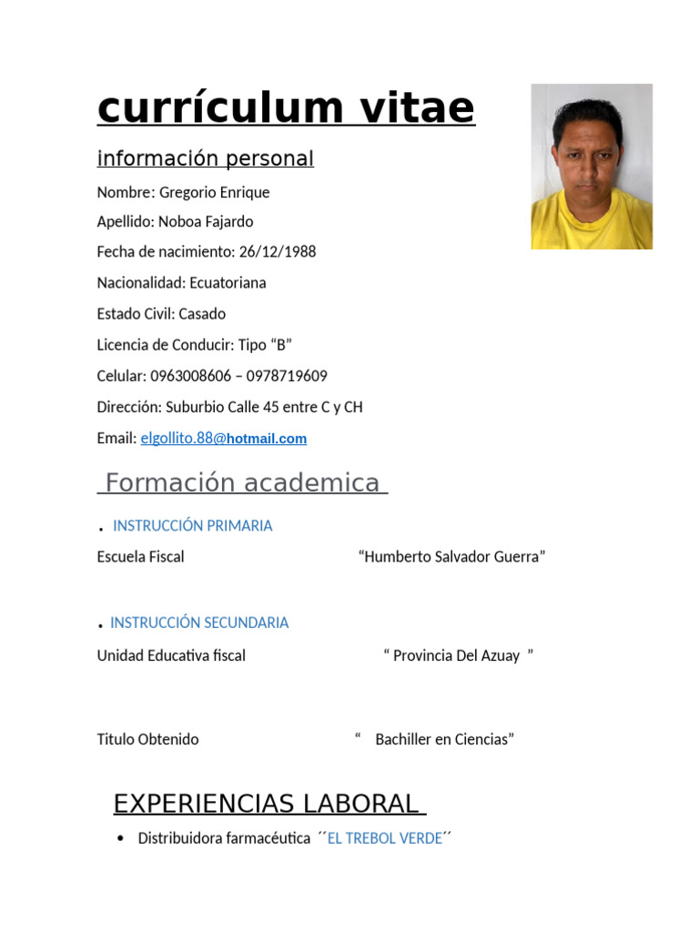 Currículum Vitae de Gregorio Noboa | PDF