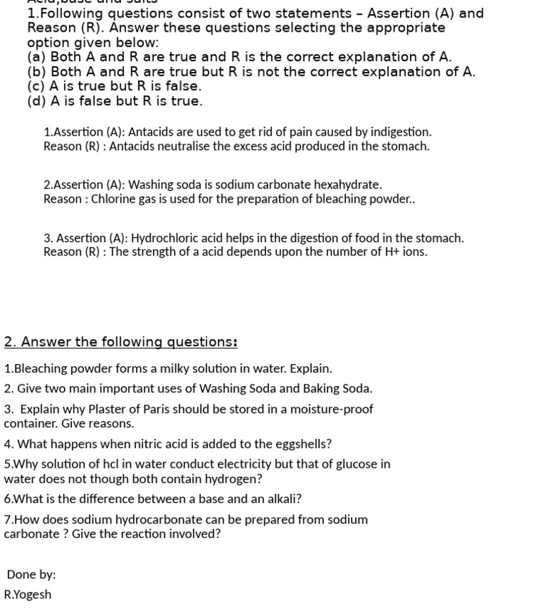 Acid, Base, and Salt Questions | PDF