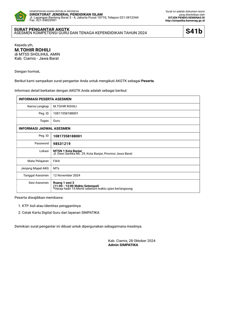 Surat Pengantar AKGTK 2024 untuk Guru | PDF