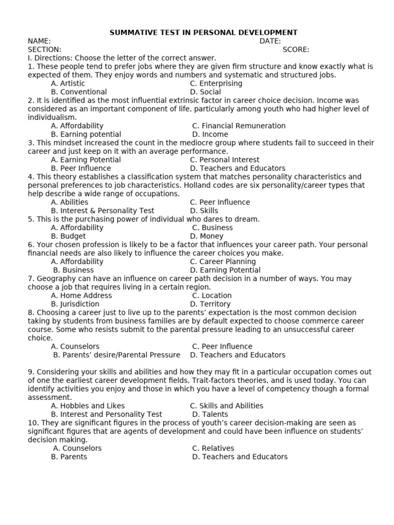 Summative in Personal Development | PDF | Teachers | Decision Making