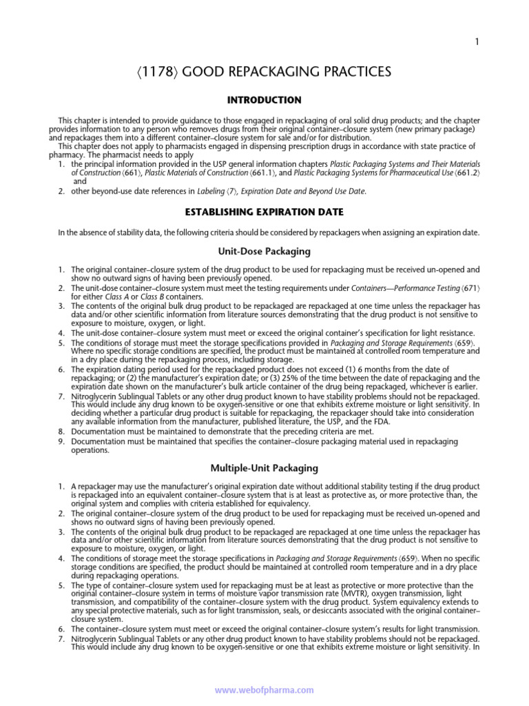 〈1178〉 Good Repackaging Practices | PDF | Food And Drug Administration ...