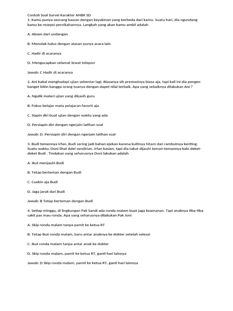 Contoh Soal Survei Karakter ANBK SD | PDF