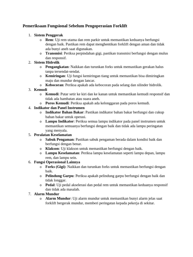 Pemeriksaan Fungsional Forklift | PDF | Teknologi & Rekayasa