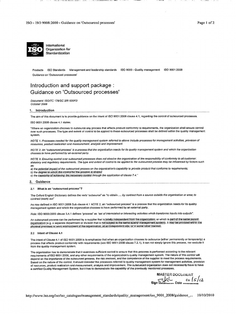 ISO-ISO 9008-2000 Guidance On 'Outsourced Processes' | PDF
