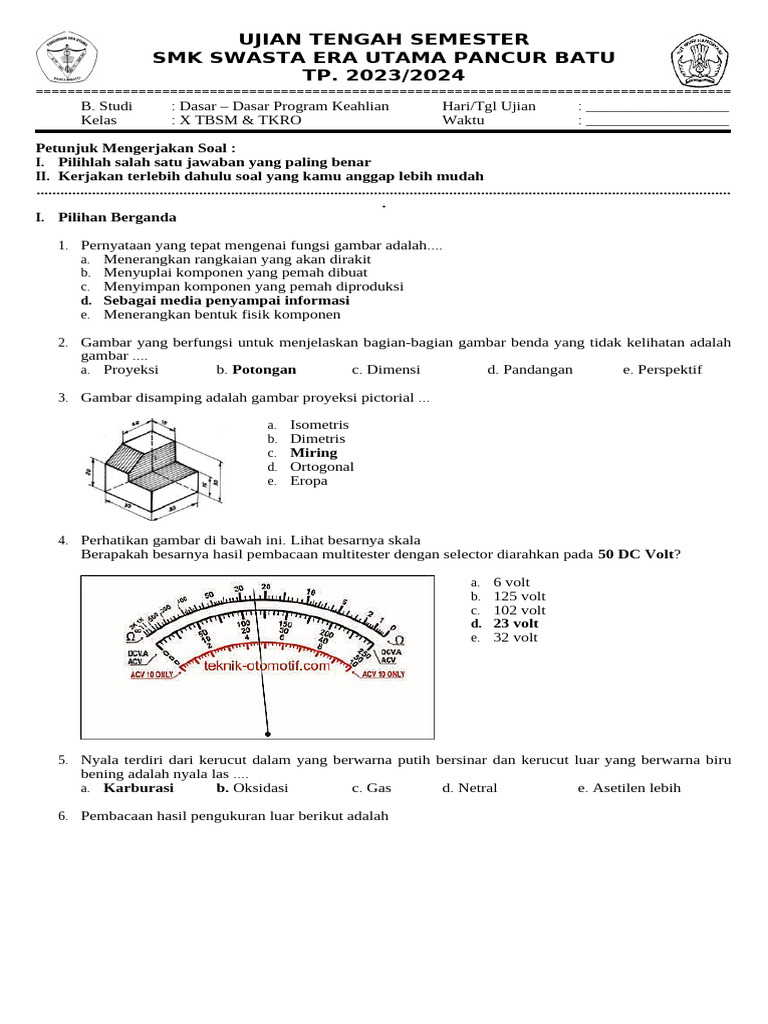 Soal UAS Semester 2 TBSM Dan TKRO | PDF | Metode & Bahan Ajar