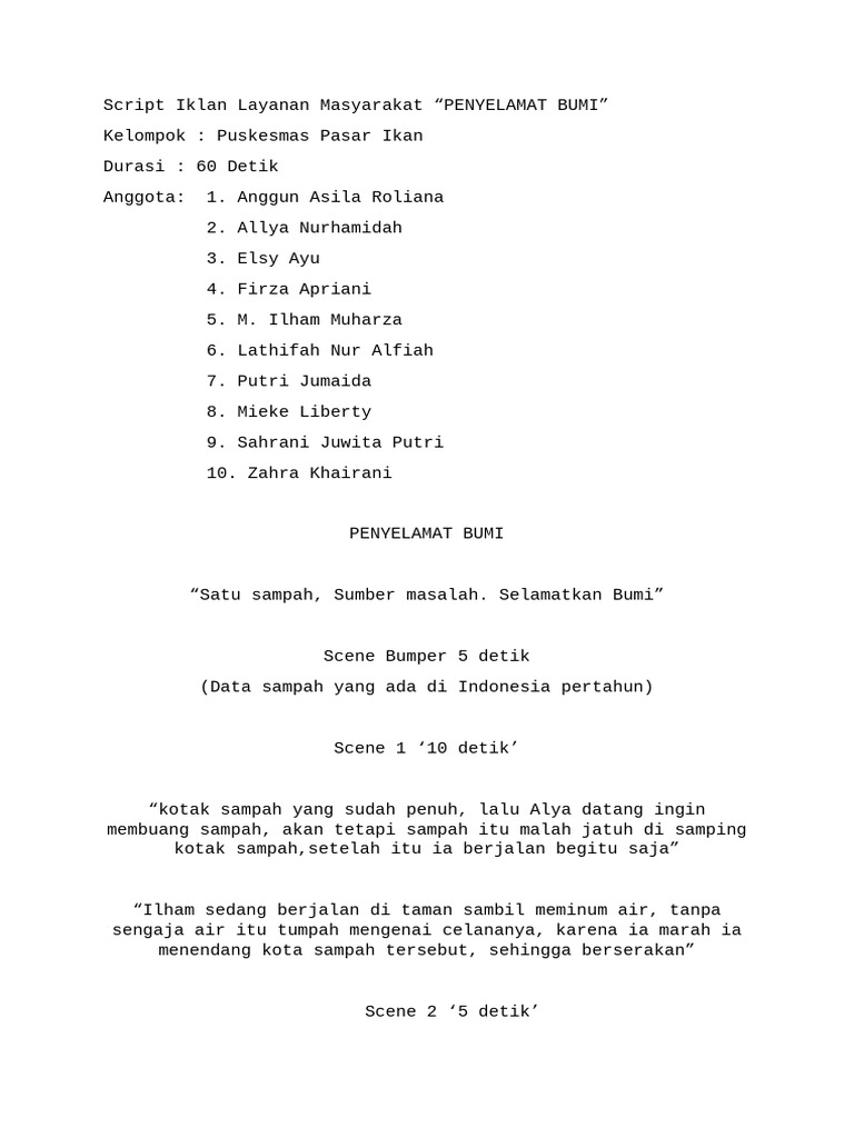Script Iklan Layanan Masyarakat PENYELAMAT BUMI | PDF | Seni