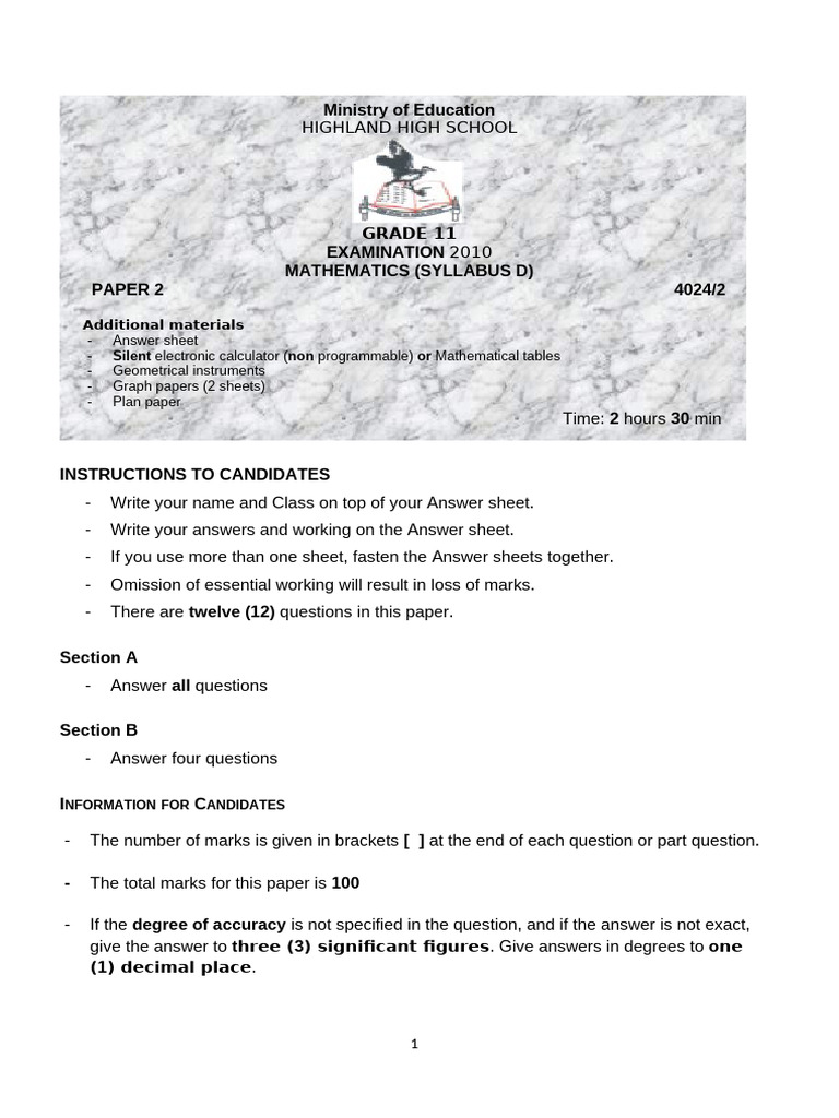 Grade 11 Math Exam Instructions | PDF | Significant Figures | Arithmetic